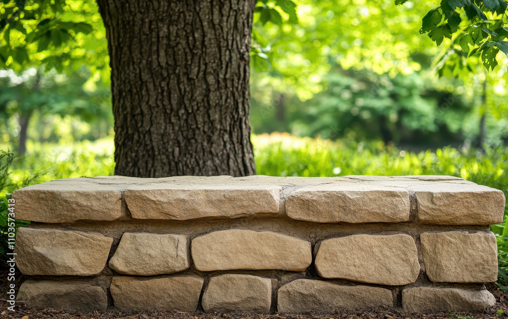 stone seating area under ancient tree in peaceful garden setting ...