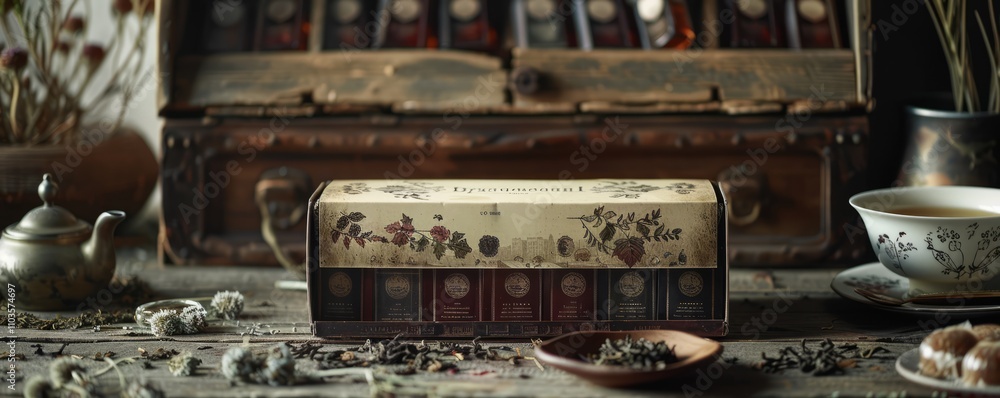 Rectangular box of specialty teas with an artistic label and a vintage ...