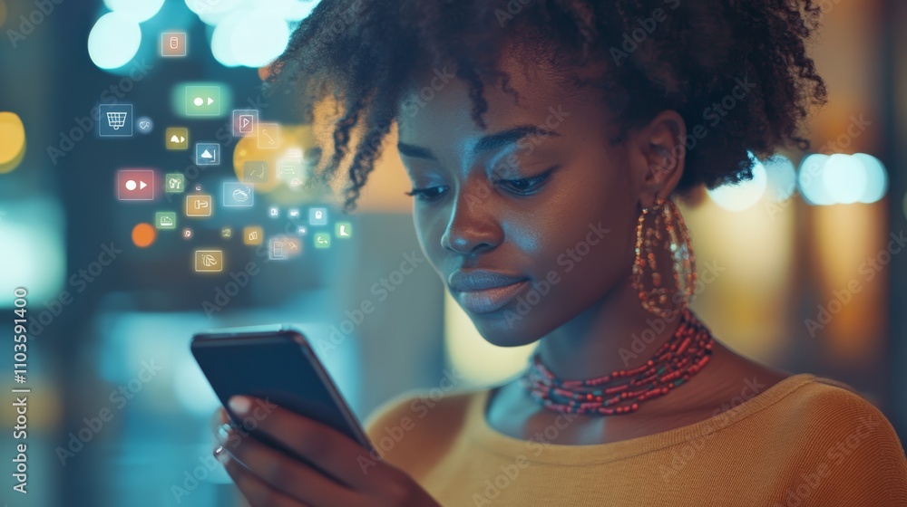 Young woman is using smartphone with augmented reality social media app ...