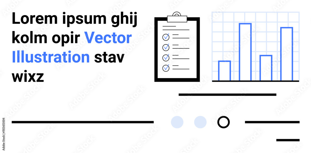 Bar chart with various heights, clipboard with checklist, and mock text ...