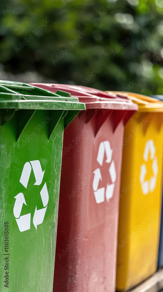 Organized recycling bins in vibrant colors promote eco friendly ...