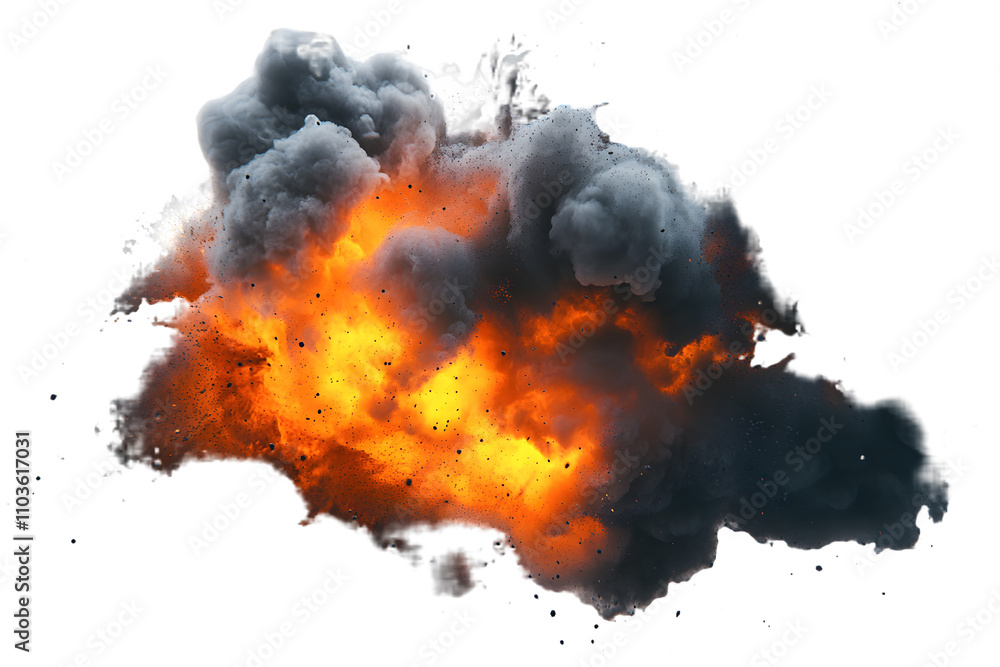 Cinematic explosion scene with orange flames and dark smoke plumes ...