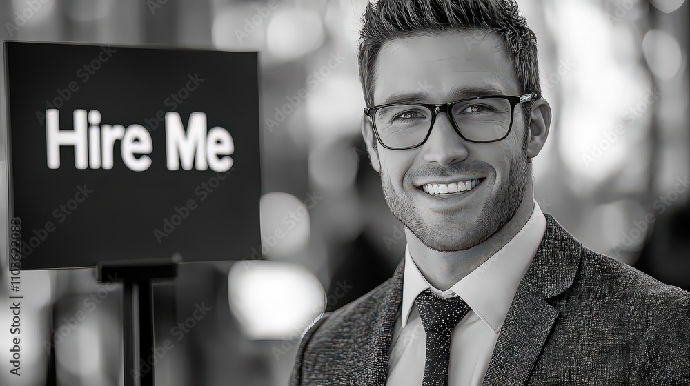 Sharply dressed candidate holds minimalist "Hire Me" sign in black-and ...