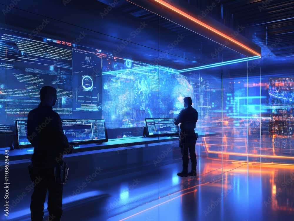 Police officers in a high-tech control room with holographic displays ...