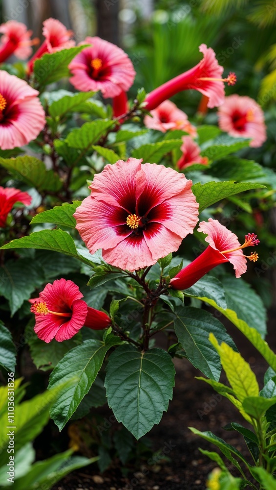 Hibiscus Shrub with large trumpet shaped flowers commonly used as ...