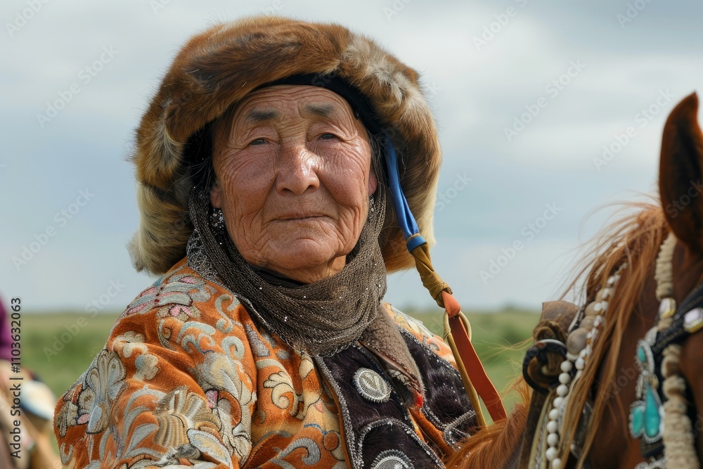 Elderly mongolian woman wearing traditional clothing and fur hat while ...