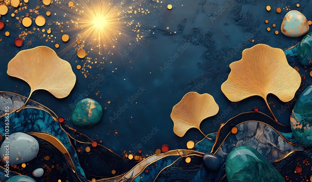 3D abstract art featuring golden ginkgo leaves and colorful stones on a ...