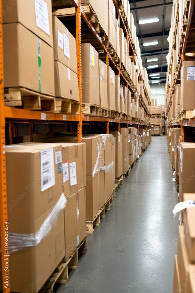 Well-organized warehouse storage with stacked cardboard boxes lining ...