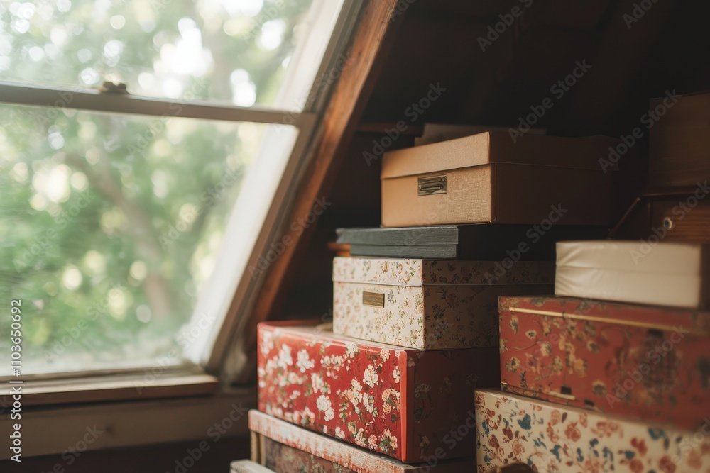 Vintage storage boxes in an attic with a window view, showcasing floral ...