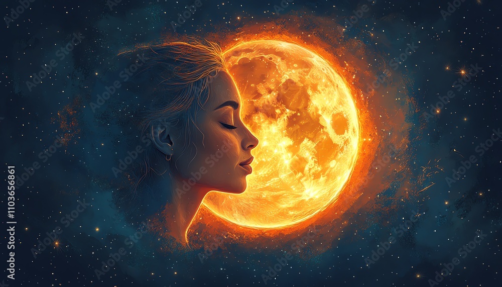 A cosmic illustration of the moon and sun uniting as faces, their glow ...