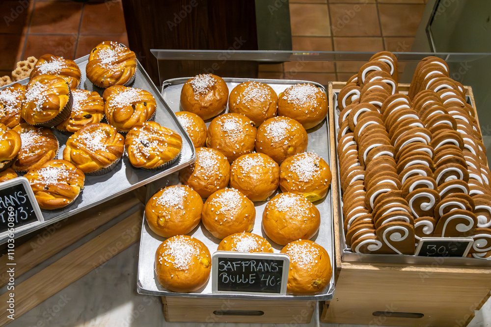 Stockholm, Sweden An assortment of freshly baked saffron buns and ...