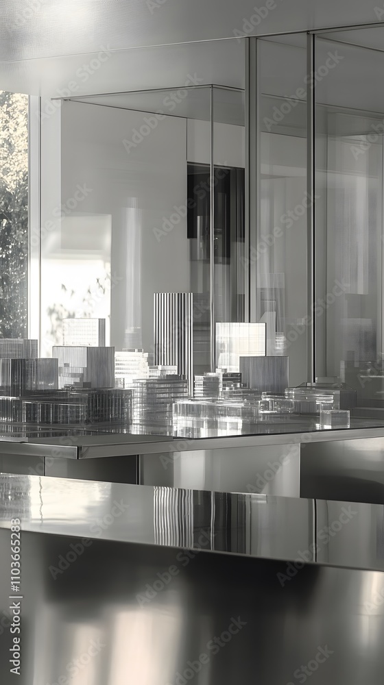 44. An architect's office with stainless steel models of buildings ...