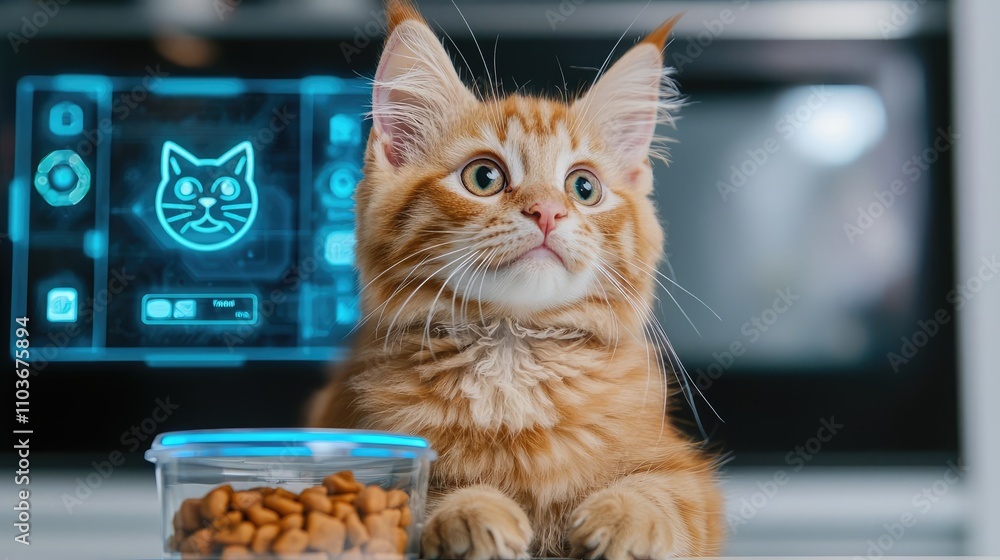 High-tech cat food packaging with digital interface graphics, glowing ...