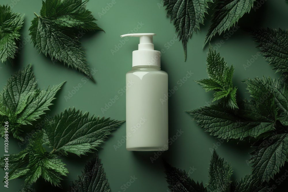 Nettle leaf skincare products Lotion cream shampoo in a mock container ...