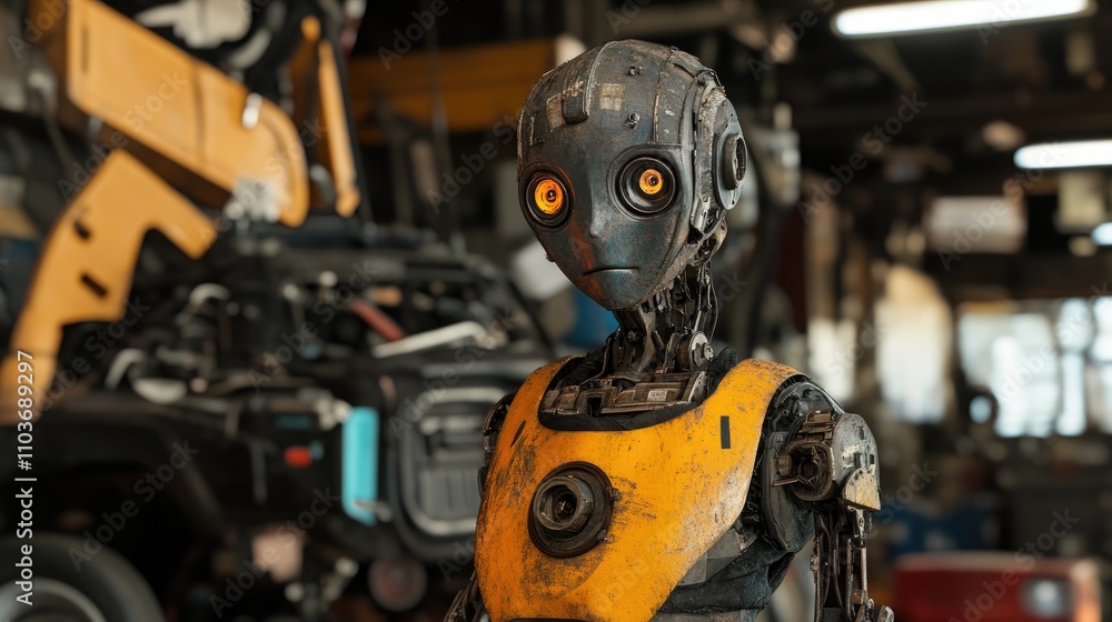 Robot technician in a garage with a worn yellow work vest, featuring ...