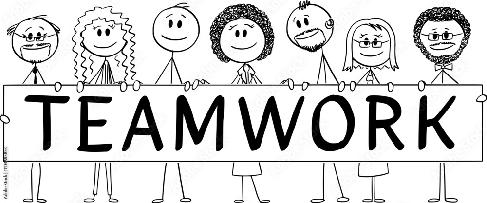 Smiling multiracial diverse team holding teamwork sign , vector cartoon ...