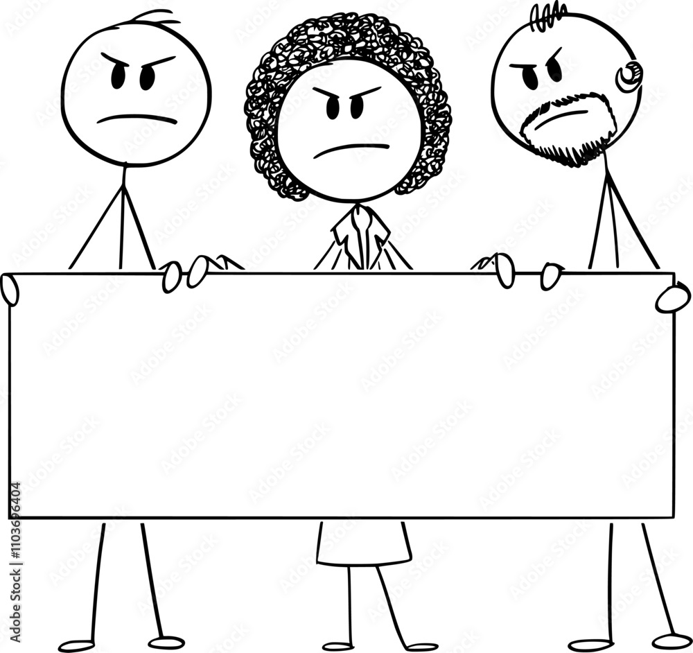 Angry multiracial diverse team holding empty sign , vector cartoon ...