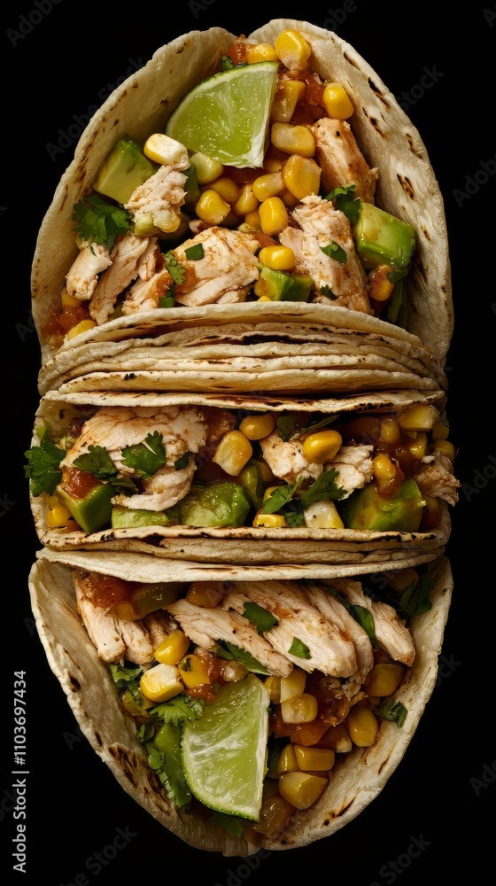 Overhead of soft tacos with chicken, corn, avocado and lime. Mexican ...