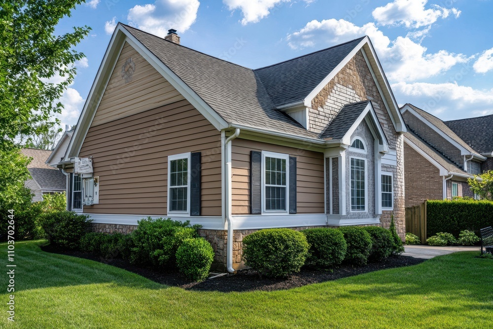 Pitched roof attic in a high end American neighborhood featuring vinyl ...