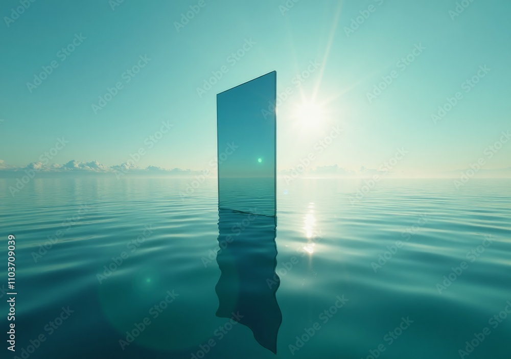 Reflective portal emerging from calm water under a bright sky at ...