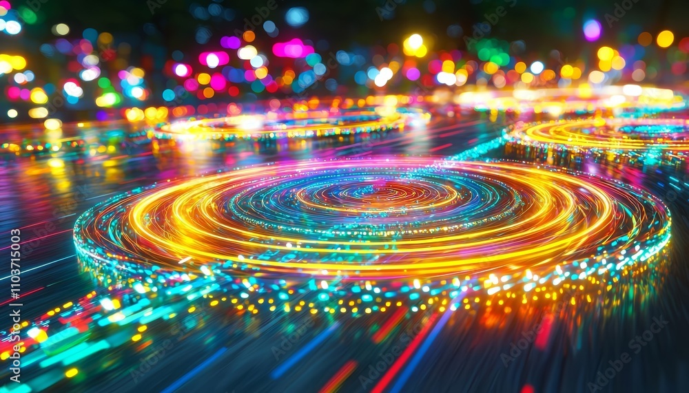 Illuminated concentric discs, vibrant light streaks, abstract geometry ...