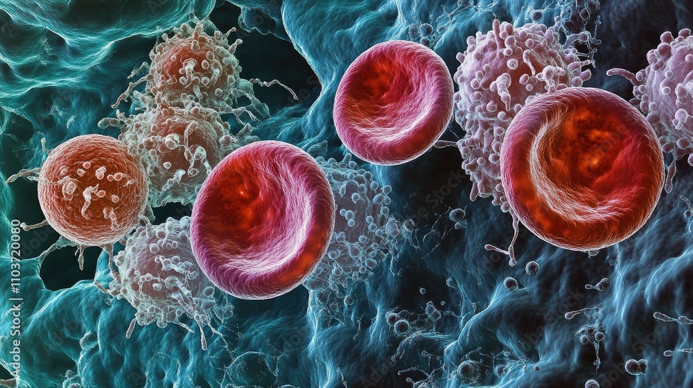 Magnified view of human blood cells showing red blood cells in ...