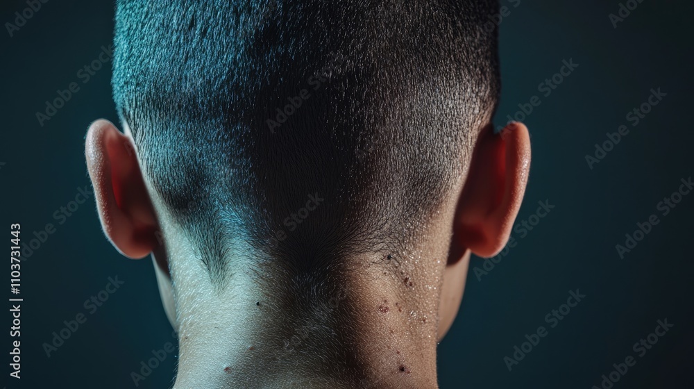 Acne and dark spots appear on a boys skin from a rear view perspective ...