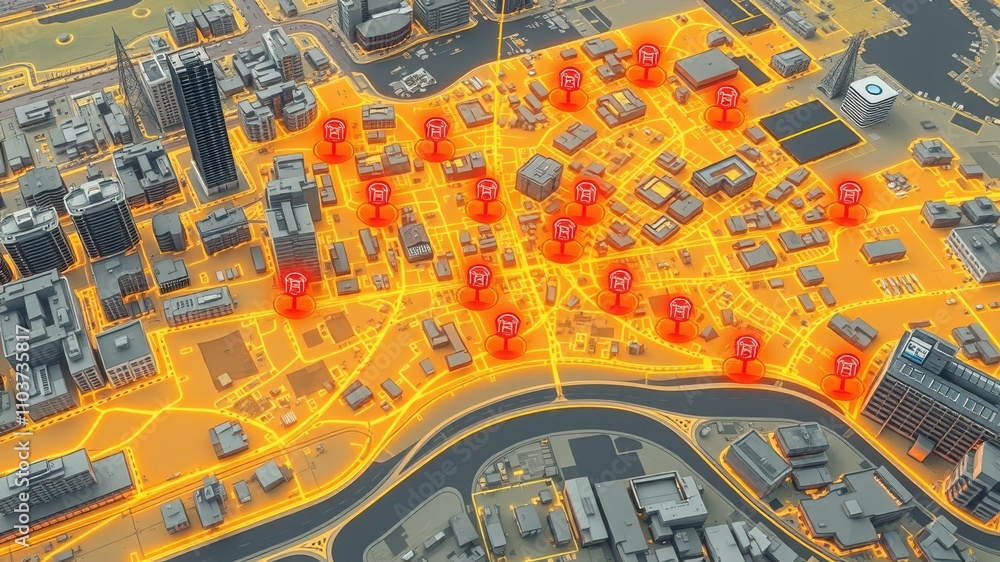 Cityscape Heatmap: A vibrant aerial view of a bustling city, with ...