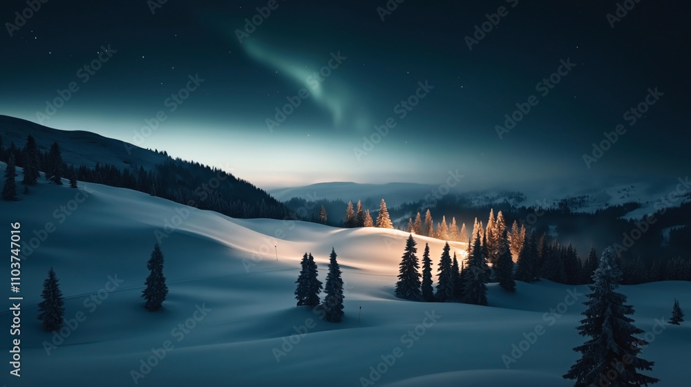 Scenic winter landscape at night with snow-covered hills, illuminated ...