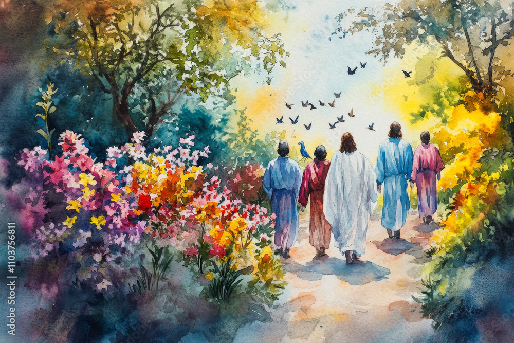 Jesus walking with his disciples along a path, surrounded by blooming ...