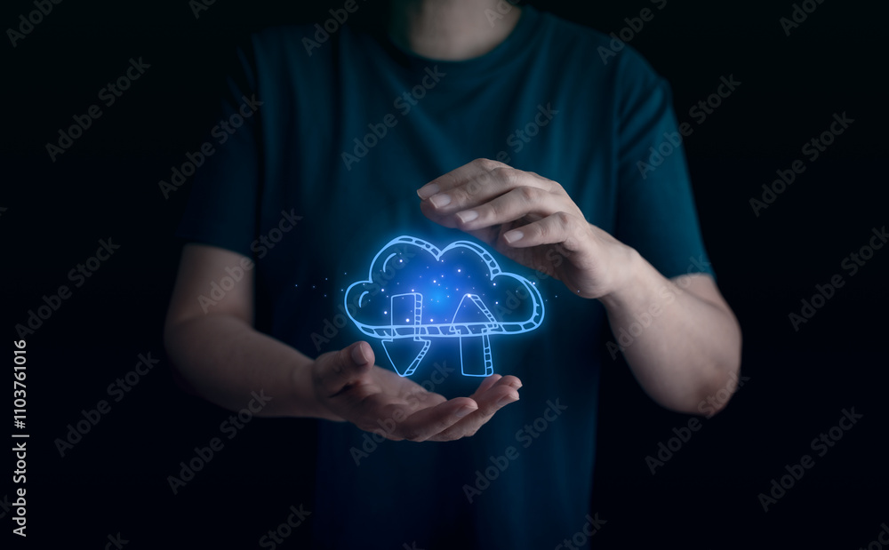 Hand hold cloud icon. Concept of cloud computing storage technology, digital server network ...