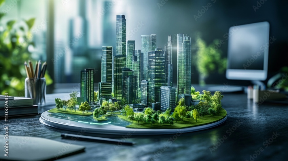 Desk 3D model city center is made up A corporate report highlighting ...