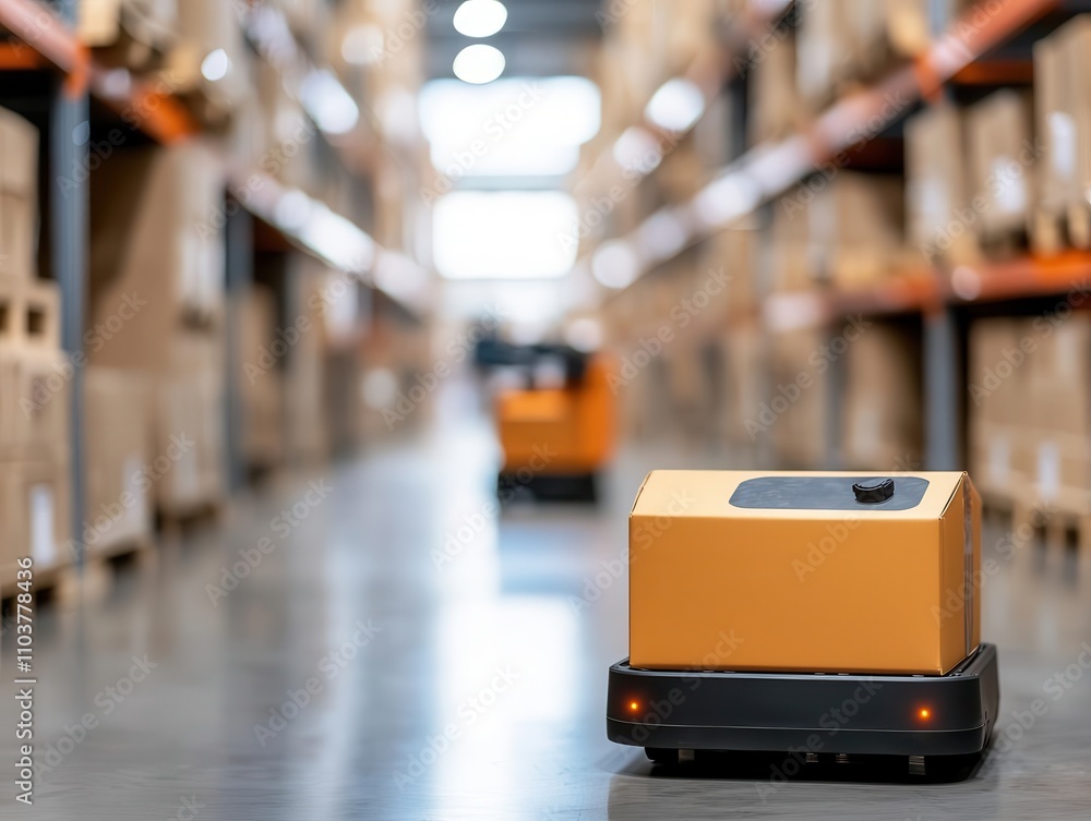 Automated guided vehicles AGVs moving stock in a food warehouse, improving logistics efficiency ...
