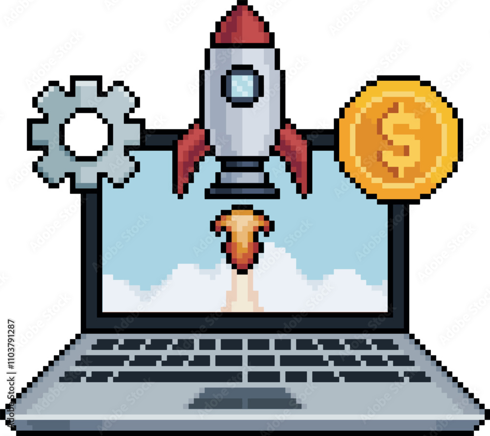 Pixel art of laptop with rocket, coin and gear in 8 bit style, startup ...