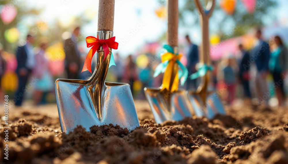 Ceremonial shovels in soil at a groundbreaking ceremony, symbolizing a ...