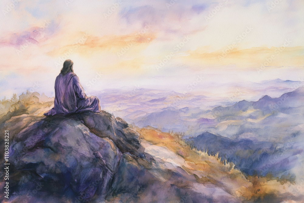 Jesus in a moment of solitude on a mountaintop, gazing out over the ...