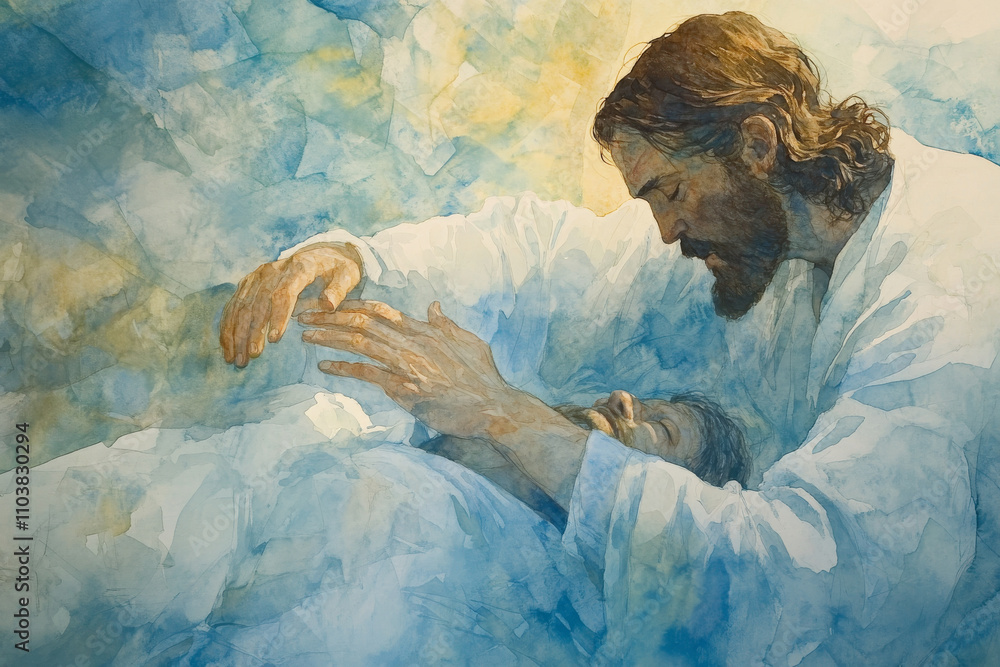 Jesus healing a paralyzed man, his hand reaching out to restore him ...