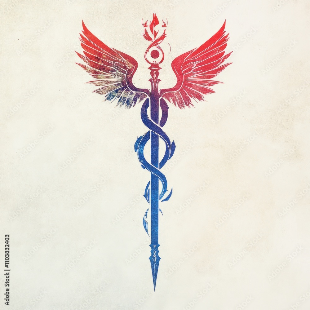 Watercolor winged caduceus symbol with fire and spiral design. Stock ...