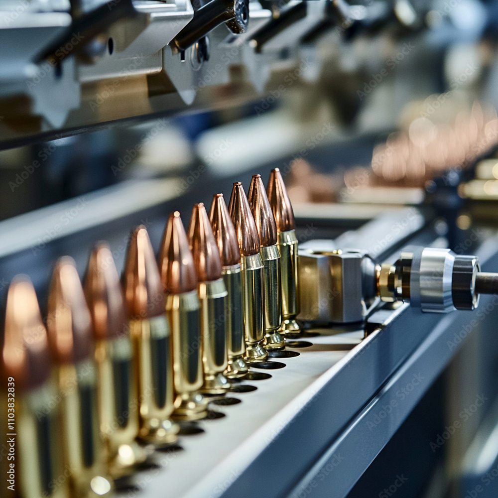 Manufacturing process of ammunition at a modern facility with golden ...