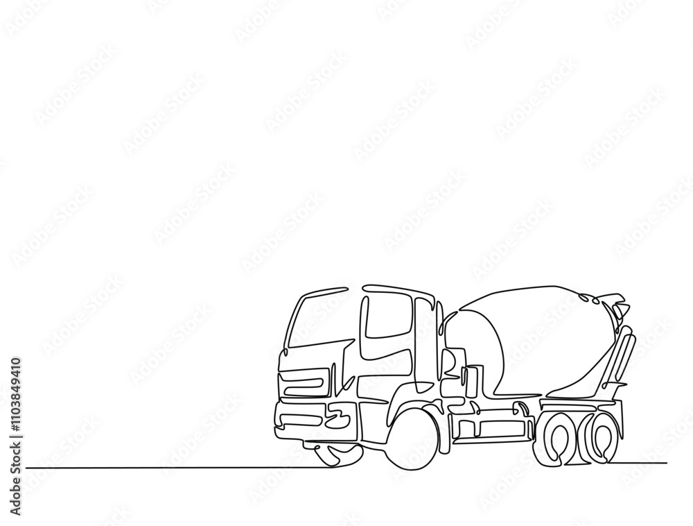 Continuous line drawing art of cement mixer delivery truck. Mixer truck ...