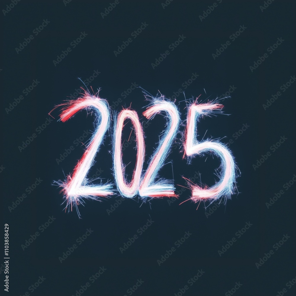 2025 Written in Sparkler Light Effect with Bright Red and Blue Streaks ...