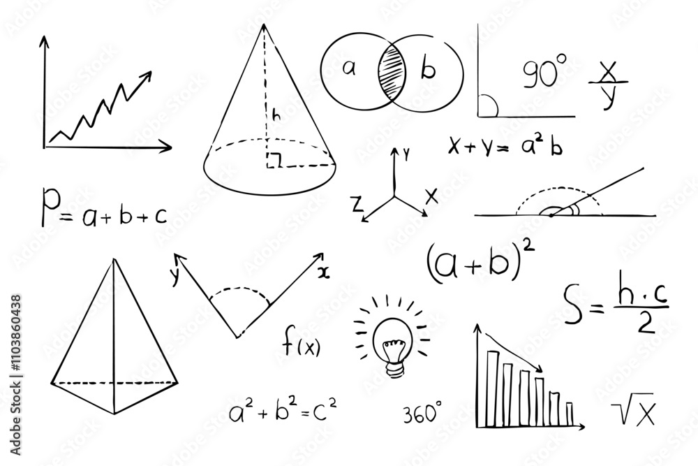 Math geometry graph and shapes on blackboard background. Set science ...