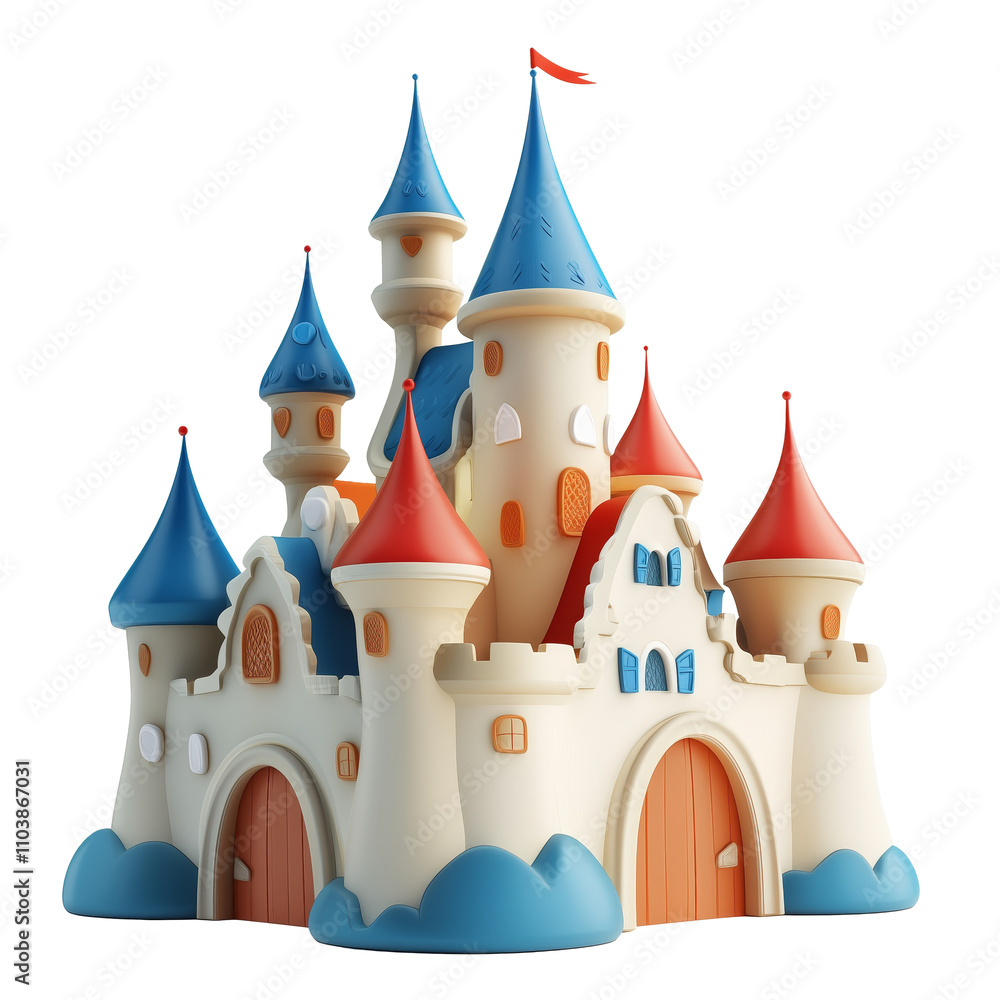 Colorful cartoon fairy tale castle 3D model, isolated on white. Magical ...