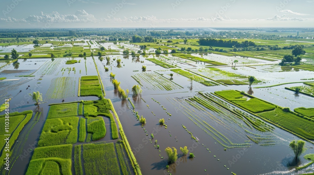 Flooded Fields: An aerial view of a vast, flooded field with rows of ...