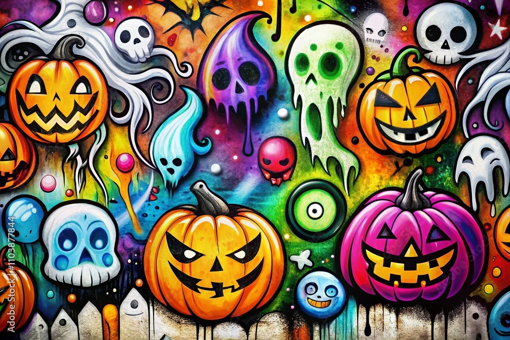Surreal Graffiti Spray Patterns Featuring Halloween Symbols Like Ghosts ...