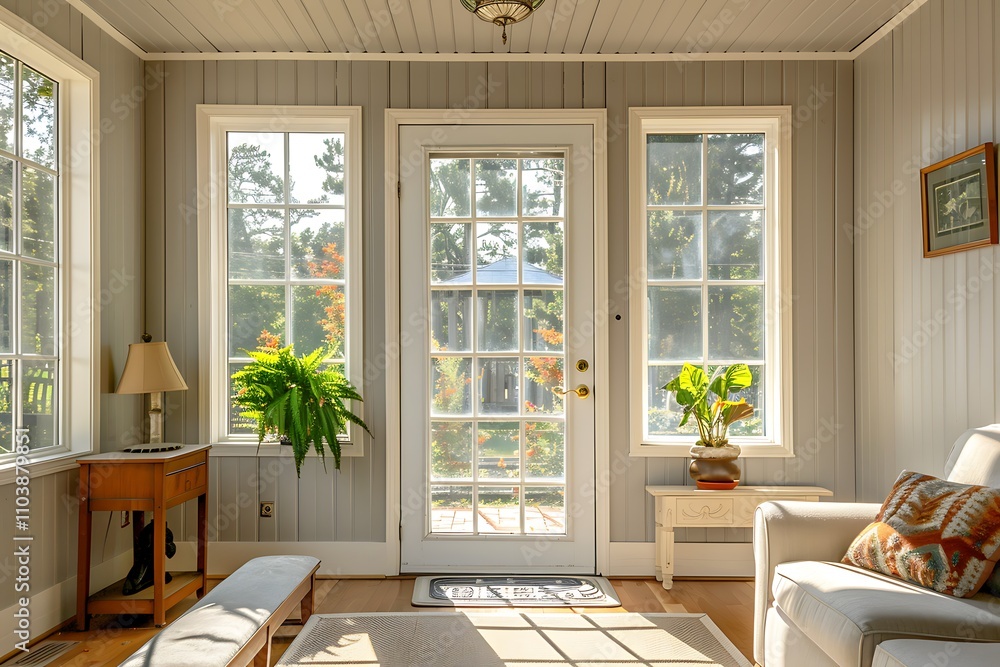 Sunroom interior with white French doors, wooden walls, front door view ...