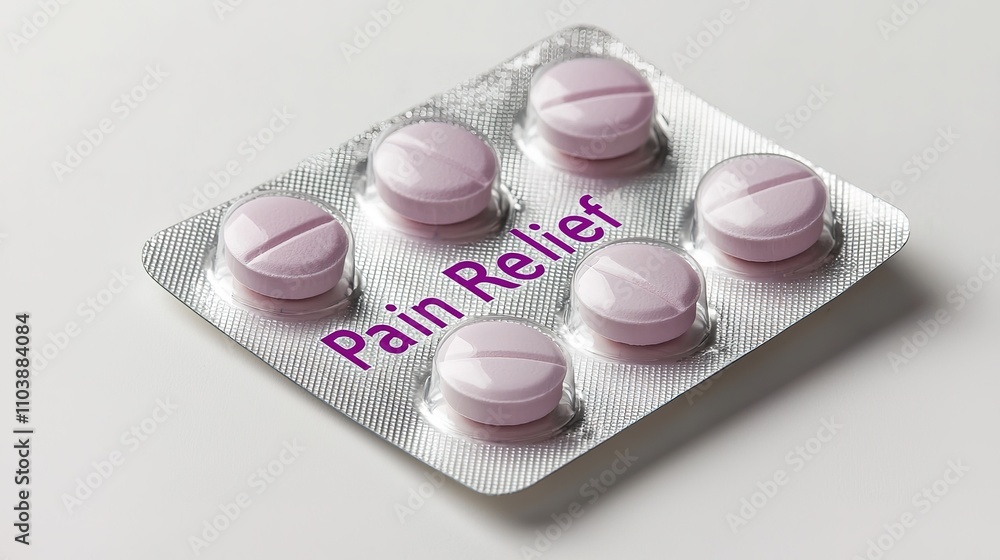 A blister pack of pink pain relief tablets labeled "Pain Relief" on a ...