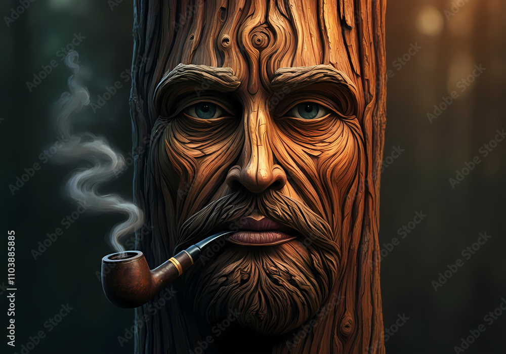 Face in Tree Trunk Bark Smoking a Pipe, Close up Vibrant Wood, Wooden ...