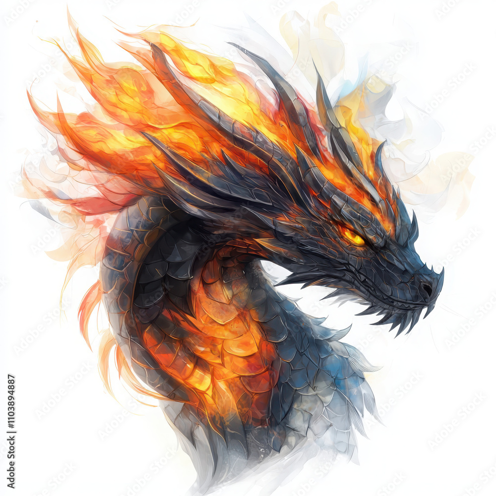 Dramatic dragon head in fiery flames fantasy realm digital art vivid ...
