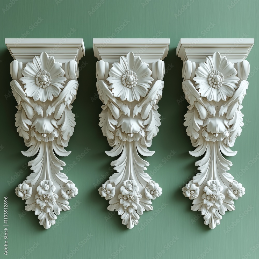 A traditional white gypsum cornice adorned with decorative elements for ...